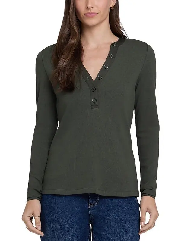 NYDJ Emery Ribbed Henley Top - True Olive