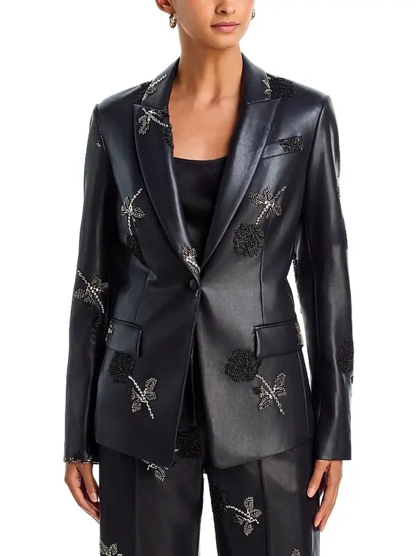 MILLY Avery Faux Leather Beaded Blazer - Black