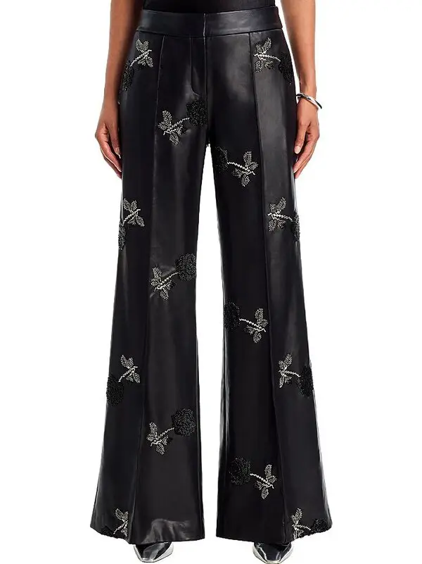 MILLY Nash Faux Leather Embellished Wide Leg Pants - Black