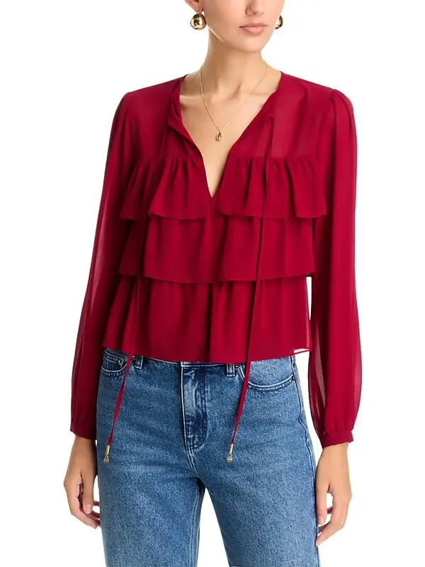 Michael Kors Ruffled Tiered Long Sleeve Top - Deep Red