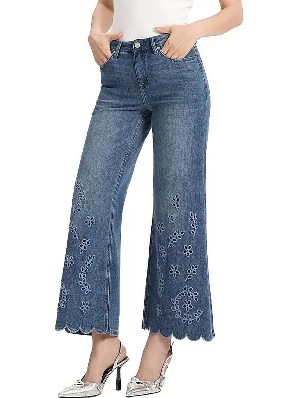 BAYEAS Mid Rise Flare Embroidered Jeans - Blue