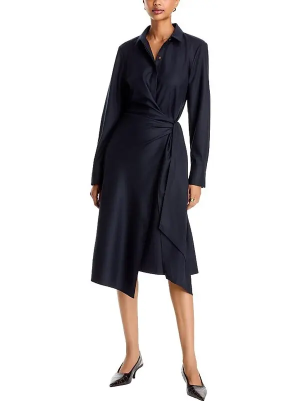 Lafayette 148 New York Wool Long Sleeve Wrap Midi Dress - Ink
