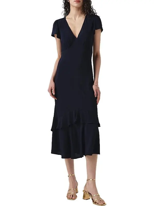GHOST LONDON Corinne Frill Crepe Midi Dress - Navy