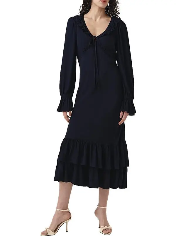 GHOST LONDON Melina Crepe Midi Dress With Ruffle Hem - Navy