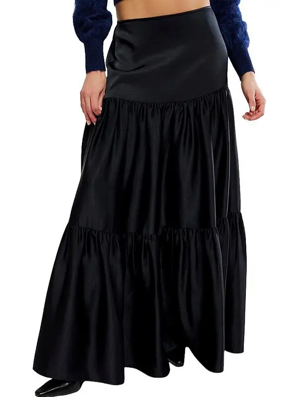Free People Juliette Tiered Satin Maxi Skirt - Black