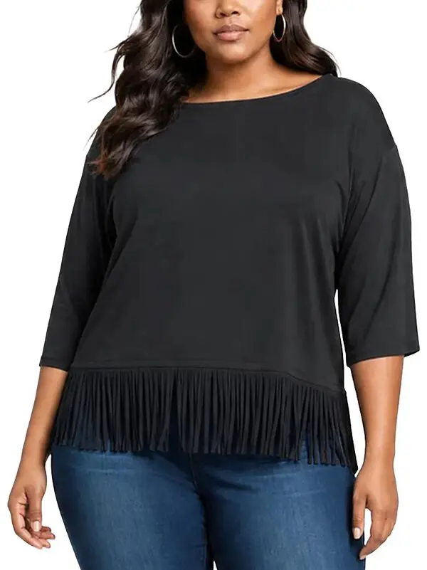 Karen Kane Three-quarter Sleeve Boat Neck Top With Fringe Trim - Black