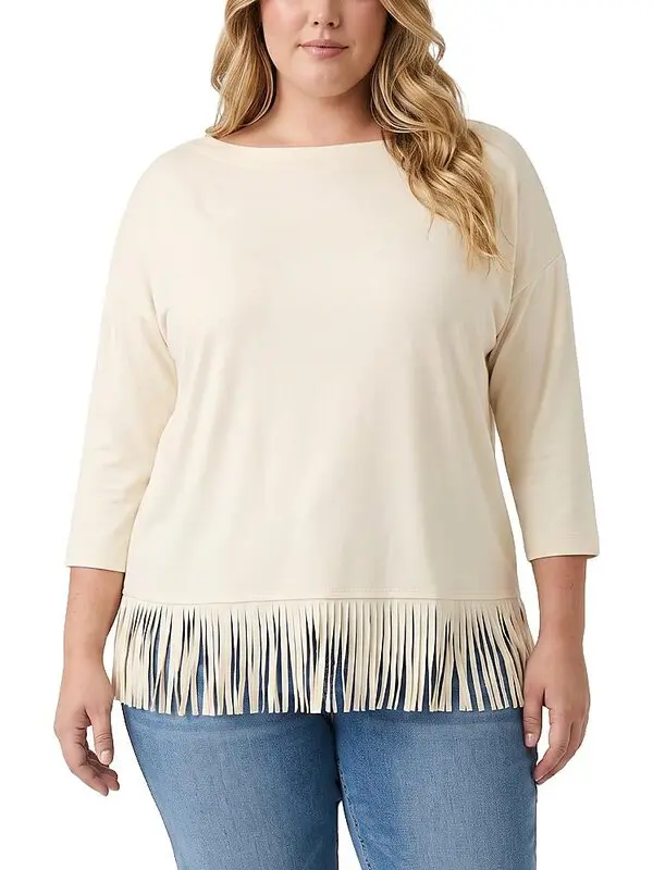 Karen Kane Three-quarter Sleeve Boat Neck Top With Fringe Trim - Cream