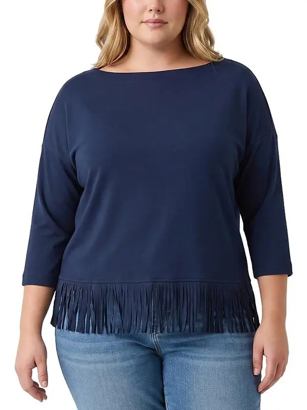 Karen Kane Three-quarter Sleeve Boat Neck Top With Fringe Trim - Navy