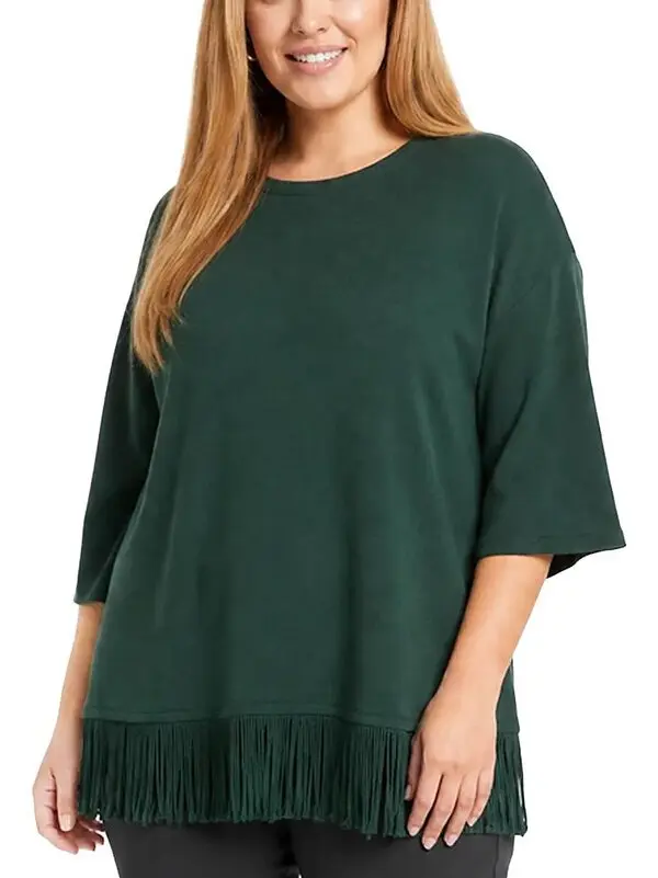 Karen Kane Three-quarter Sleeve Boat Neck Top With Fringe Trim - Spruce