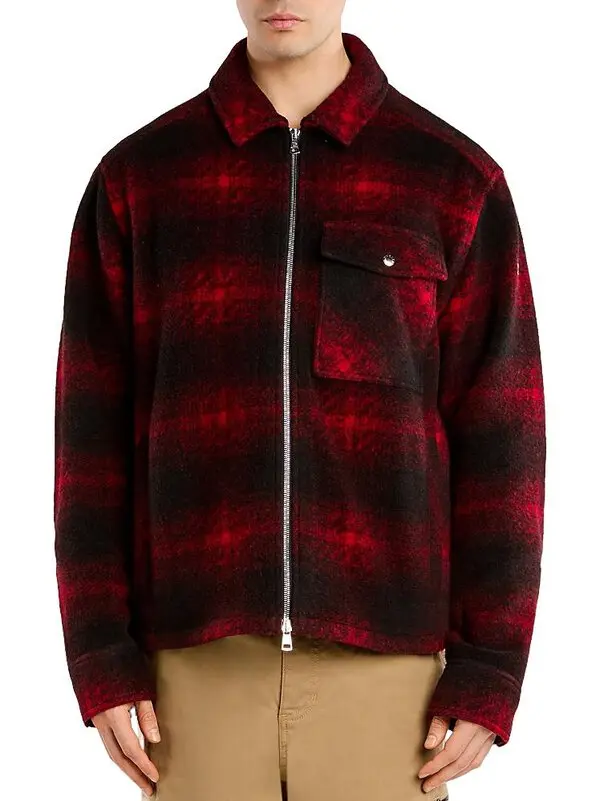 Moncler Point Collar Zip Check Pocket Shirt - Bright Red