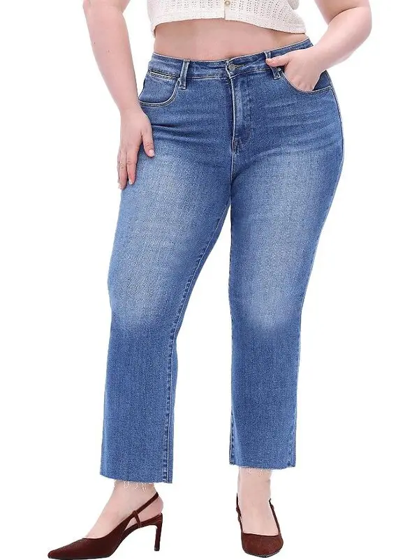 BAYEAS Plus Mid Rise Straight Leg Raw Hem Denim Jeans - Medium Blue