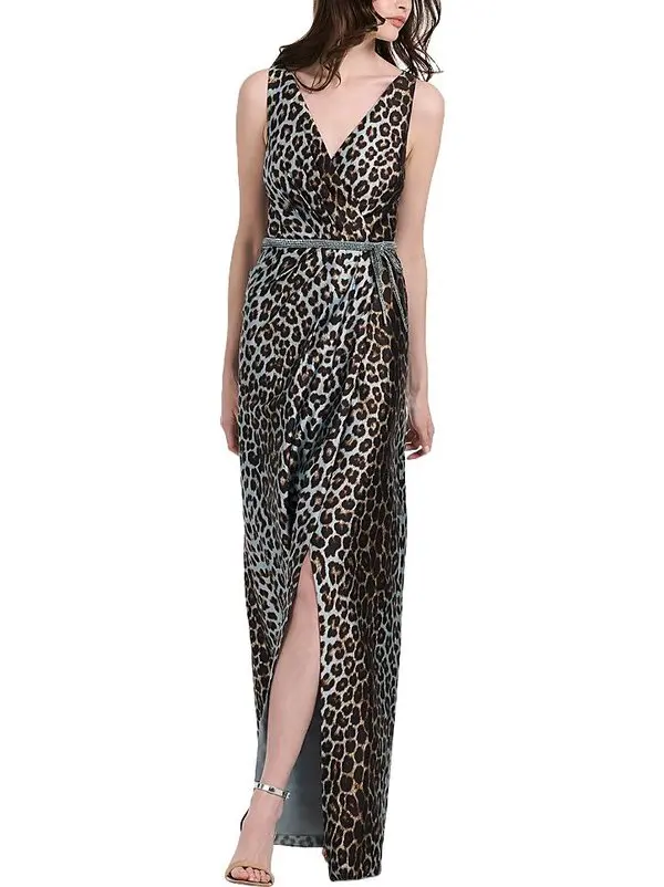 EMILY SHALANT Sleeveless Leopard Print Gown - Blue Multi