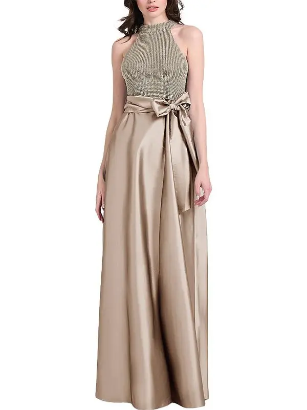 EMILY SHALANT Metallic Halter Neck Gown - Silver