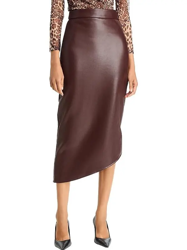 AREA STARS Bailey Faux Leather Asymmetric Hem Midi Skirt - Brown