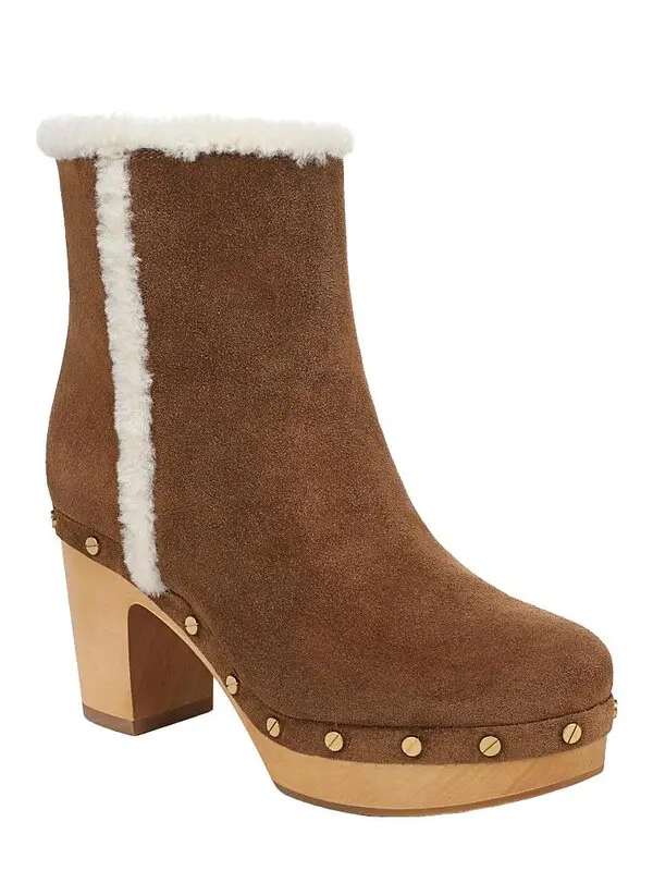 Veronica Beard Loreen Faux Fur Trim Suede Clog Boots - Chestnut