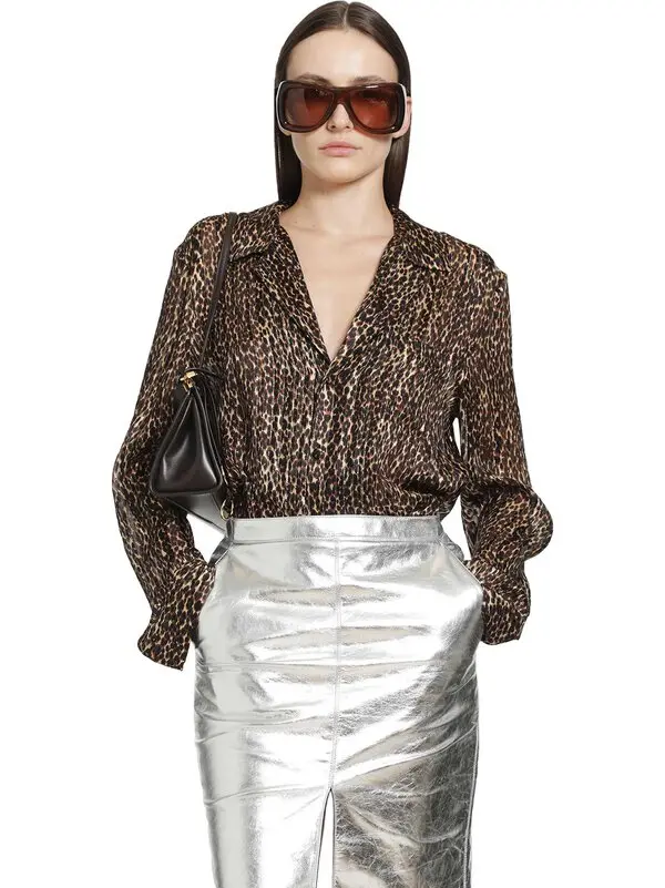 Saint Laurent Leopard Print Silk Georgette Pajama Blouse - Brown