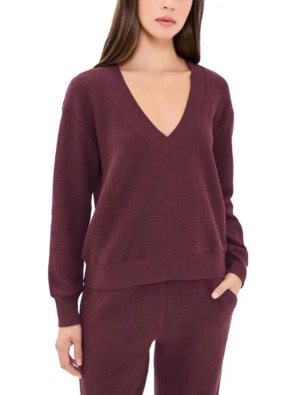 NEGATIVE Waffle Knit Deep V Pullover - Garnet