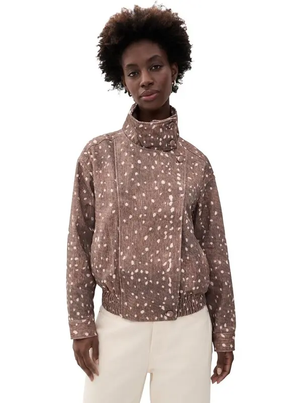 BAILEY ROSE Cow Print Cotton Funnel Neck Jacket - Brown