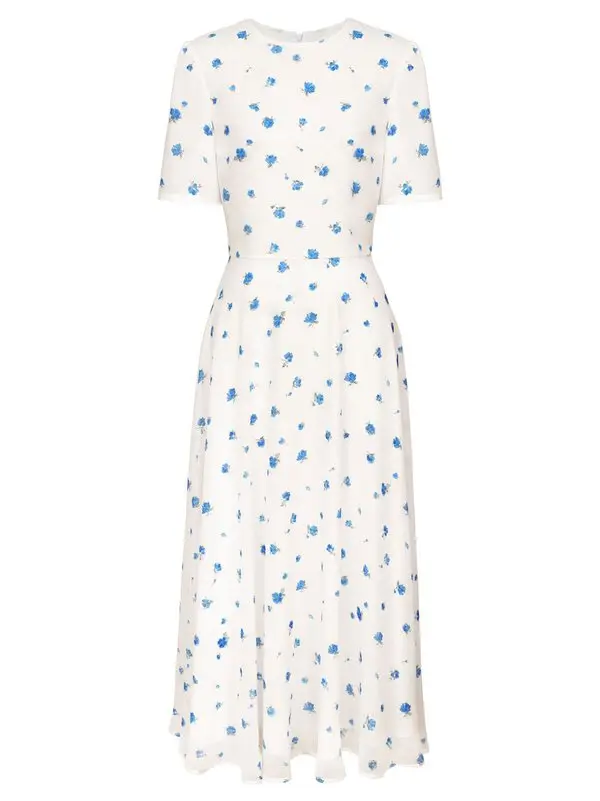 POST MERIDIEM Printed Short Sleeve Floral Midi Dress - Blue