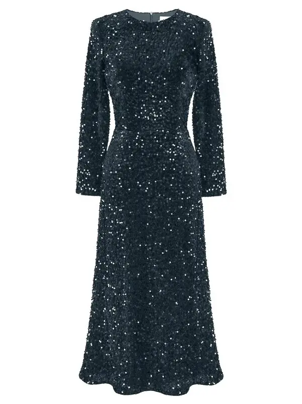POST MERIDIEM Sequin Embellished Long Sleeve Midi Dress - Blue
