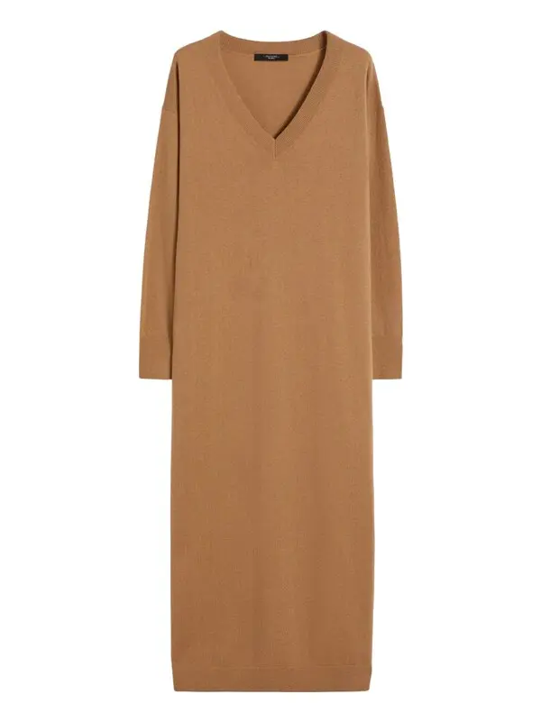 Max Mara Long Sleeve V-neck Dress With Rib Trim - Camel
