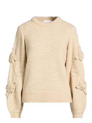 VILA Embellished Crewneck Sweater In Mélange Recycled Polyester And Wool - Beige