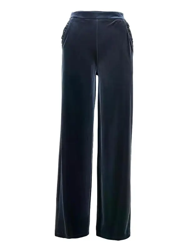 Emporio Armani Navy Velvet Ruffled Wide Leg Trousers - Blue