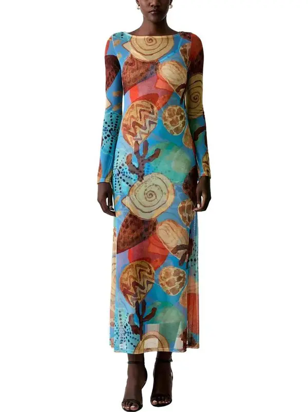 NEVER FULLY DRESSED Abstract Print Boat Neck Maxi Dress - Blue