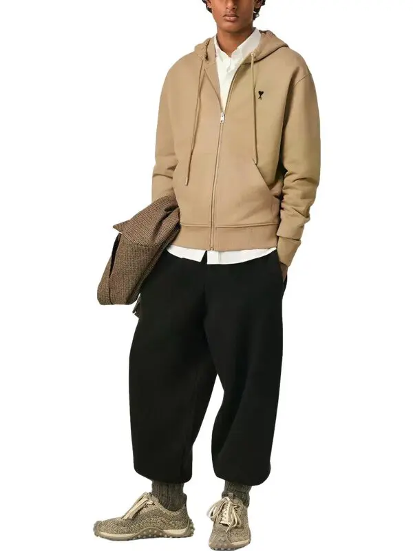 AMI Paris Zipped Cotton Hoodie With De Coeur Embroidery - Neutrals