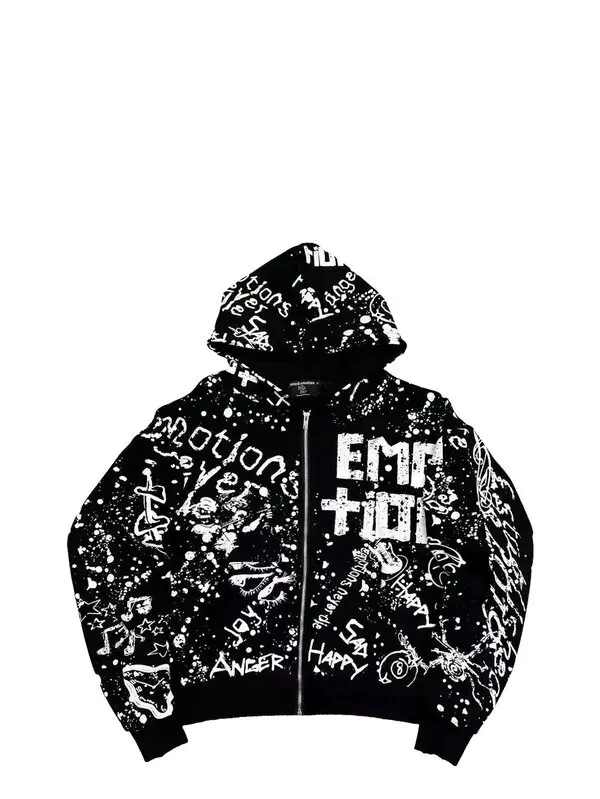 Mixed Emotion Graffiti Print Zip-up Hoodie - Black
