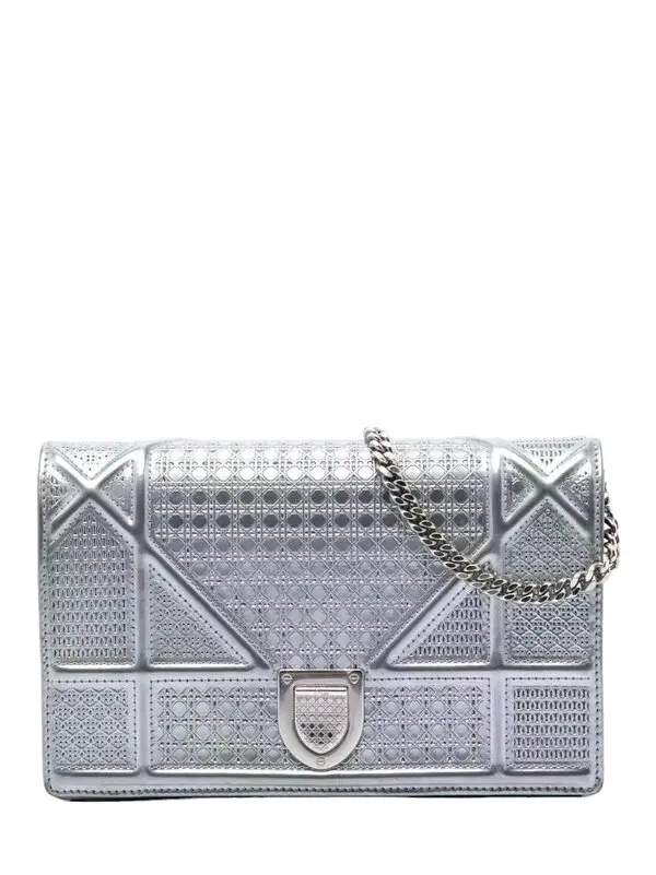 Dior Metallic Patent Microcannage Diorama Wallet On Chain Crossbody Bag - Silver