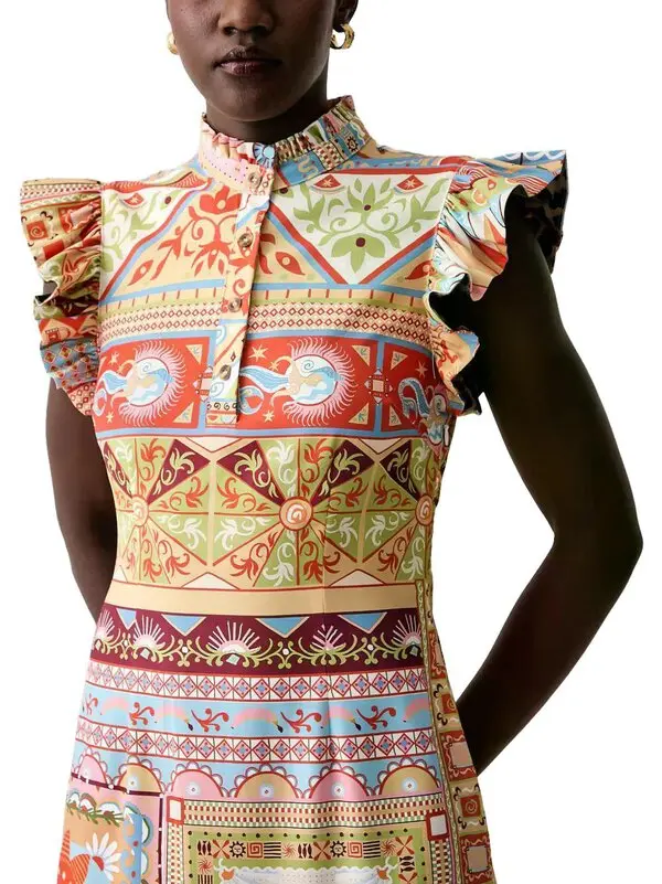 NEVER FULLY DRESSED Graphic Print Ruffled Midi Dress - Orange