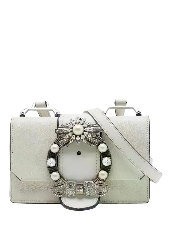 Miu Miu Crystal Embellished Goatskin Madras Soft Calf Crossbody Bag - White