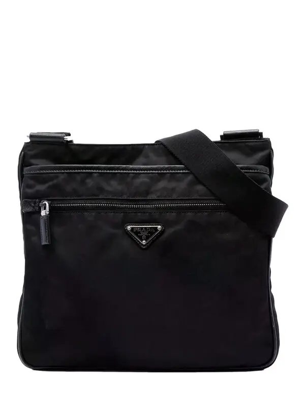 Prada Saffiano Leather Trimmed Tessuto Zip Top Crossbody Bag - Black