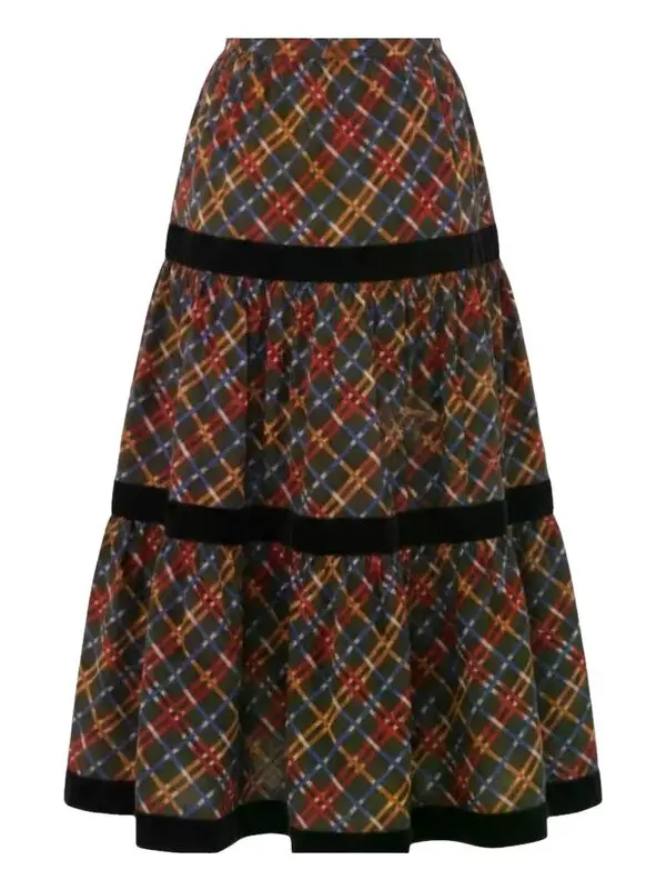 Saint Laurent 1983 Tiered Checked Midi Skirt - Green