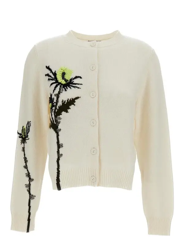 BARRIE Cashmere Cardigan With Floral Jacquard - Bianco