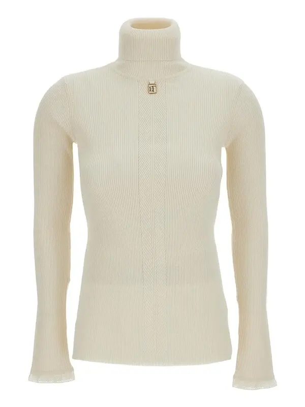 Elisabetta Franchi Ribbed Turtleneck Sweater With Lace Cuffs - White