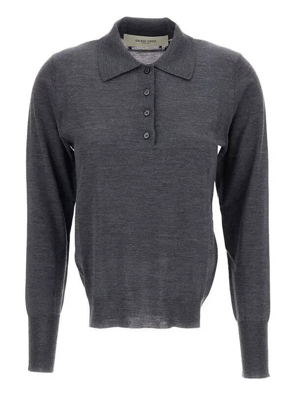 GOLDEN GOOSE Virgin Wool Long Sleeve Polo Shirt - Grey