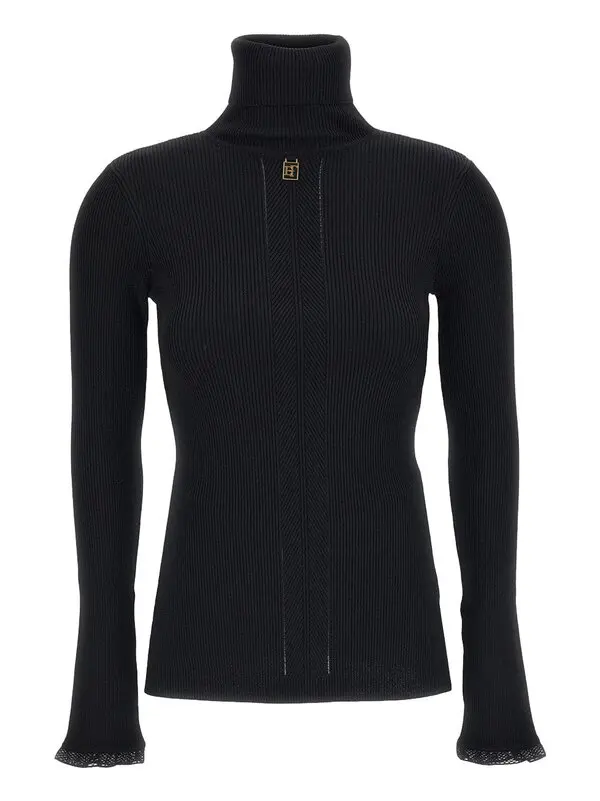 Elisabetta Franchi Ribbed Dolcevita Sweater With Lace Trim - Nero