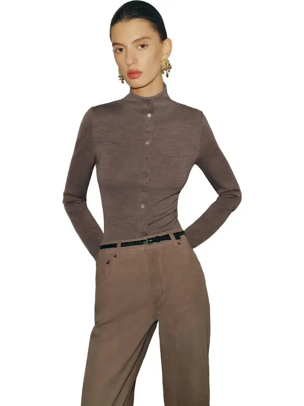REFORMATION Marissa Regenerative Mock Neck Merino Cardigan - Brown