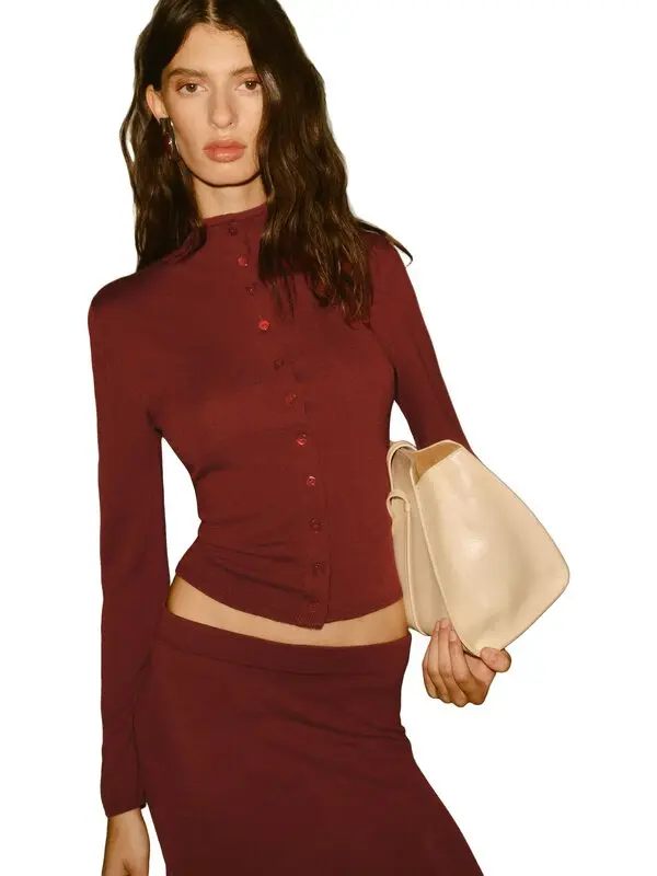 REFORMATION Marissa Regenerative Mock Neck Merino Cardigan - Red