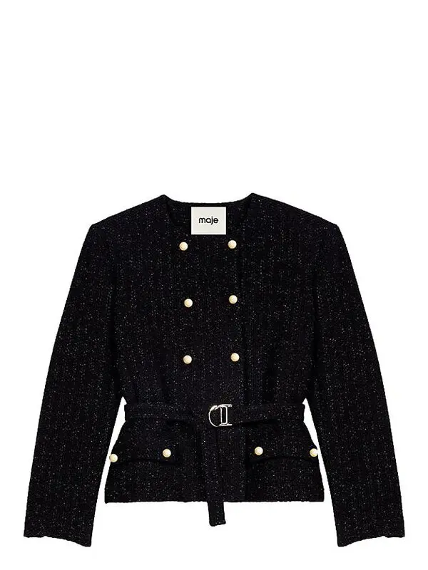 Maje Belted Waist Double-breasted Woven Jacket - Black