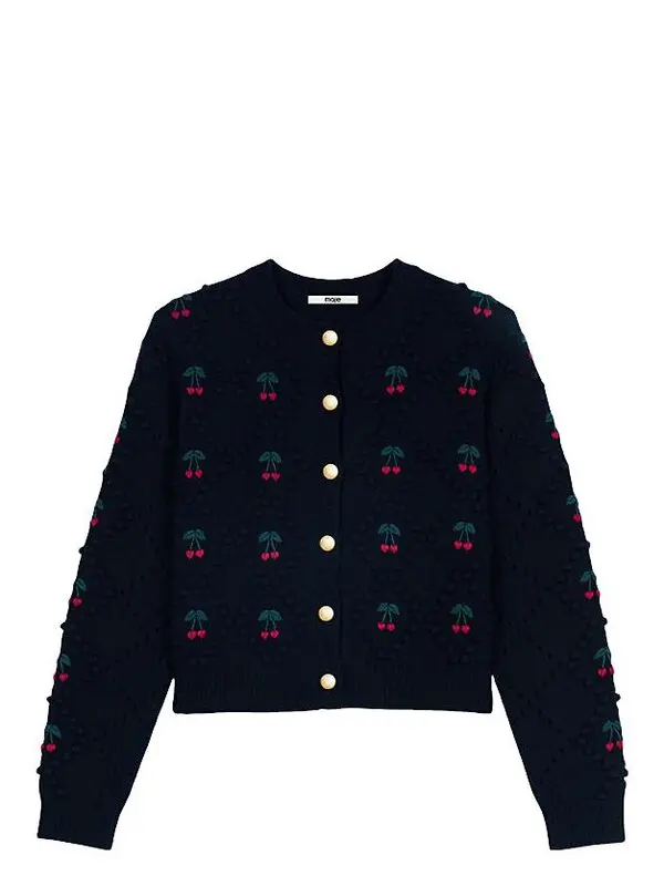 Maje Cherry Embroidered Bobble-knit Wool Cardigan - Navy