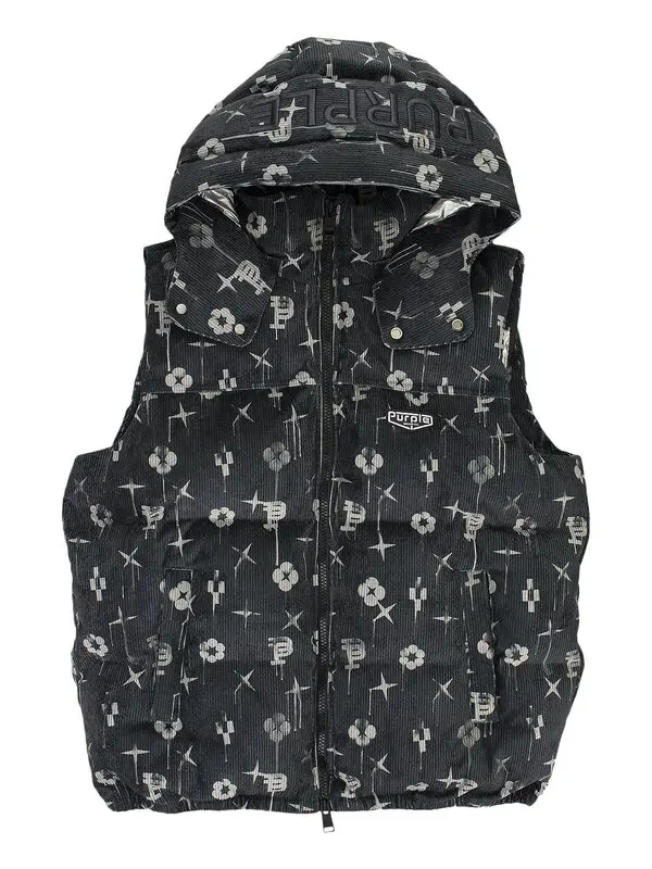 PURPLE BRAND Printed Corduroy Puffer Vest - Black
