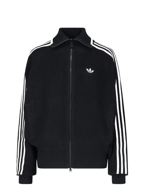 Adidas Zip-up Knit Track Jacket With Contrast Stripes - Black
