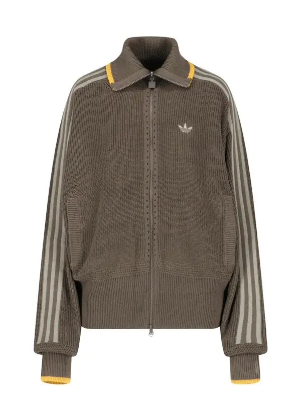 Adidas Zip-up Knit Track Jacket With Contrast Stripes - Brown