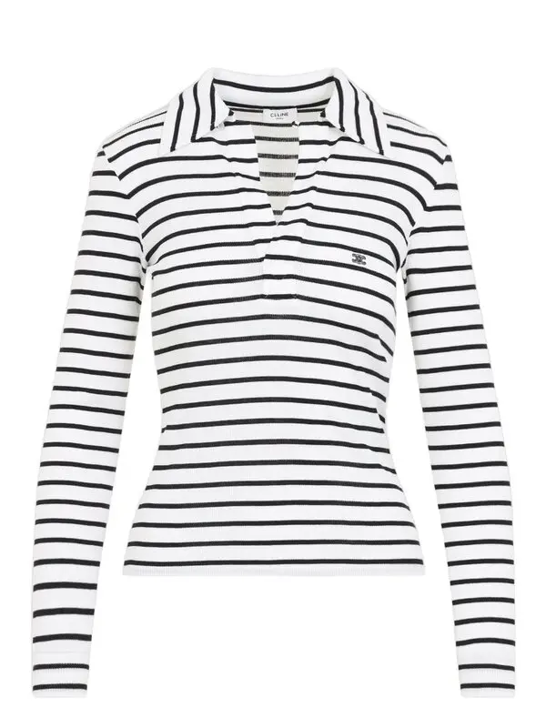 Celine Long Sleeve Striped Polo Top - White
