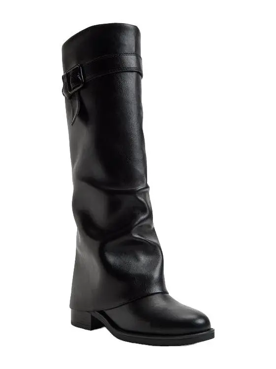 Aldo Knee High Faux Leather Boots With Buckle Detail - Black
