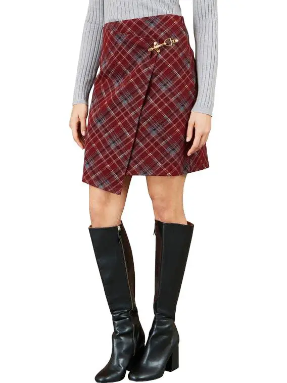 YUMI Check Wrap Mini Skirt With Gold-tone Clasp - Burgundy