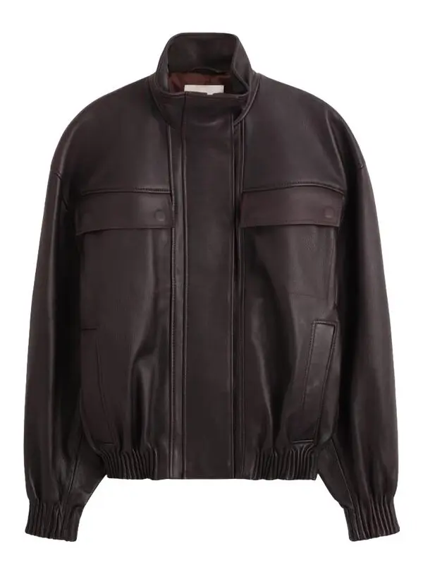 Cos Leather Mock-neck Bomber Jacket With Ribbed Trims - Brown